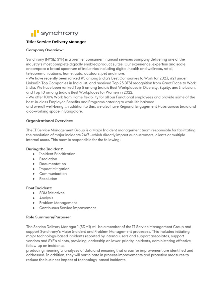 JD - Service Delivery Manager - L8 | PDF | Computing | Business