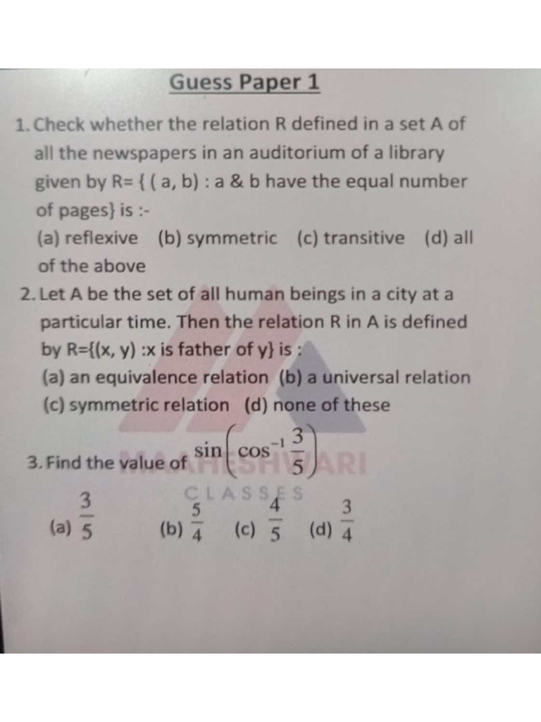 Guess Paper 1 Maths | PDF