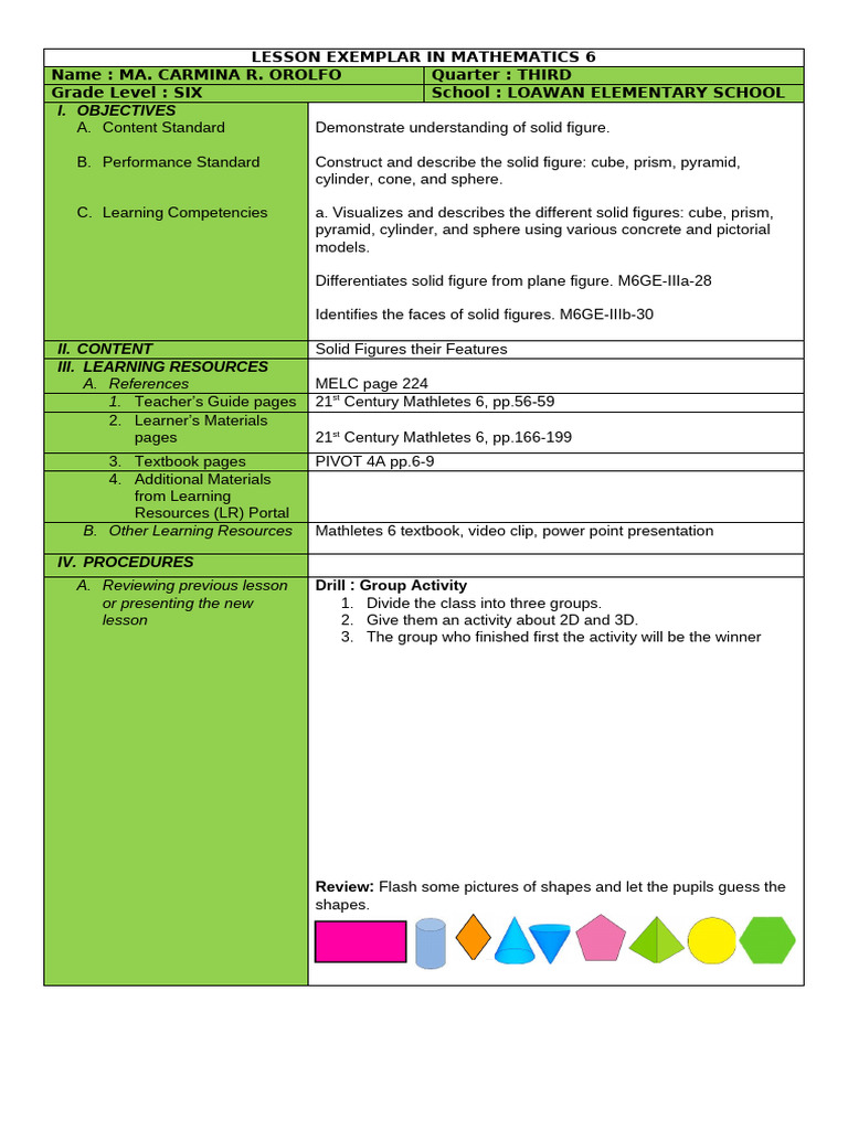 Lesson Exemplar In Mathematics