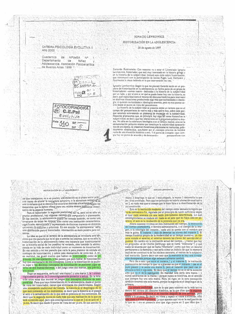 LEWKOWICZ, I. La Historización en La Adolescencia. Cuadernos de A.P.deB ...