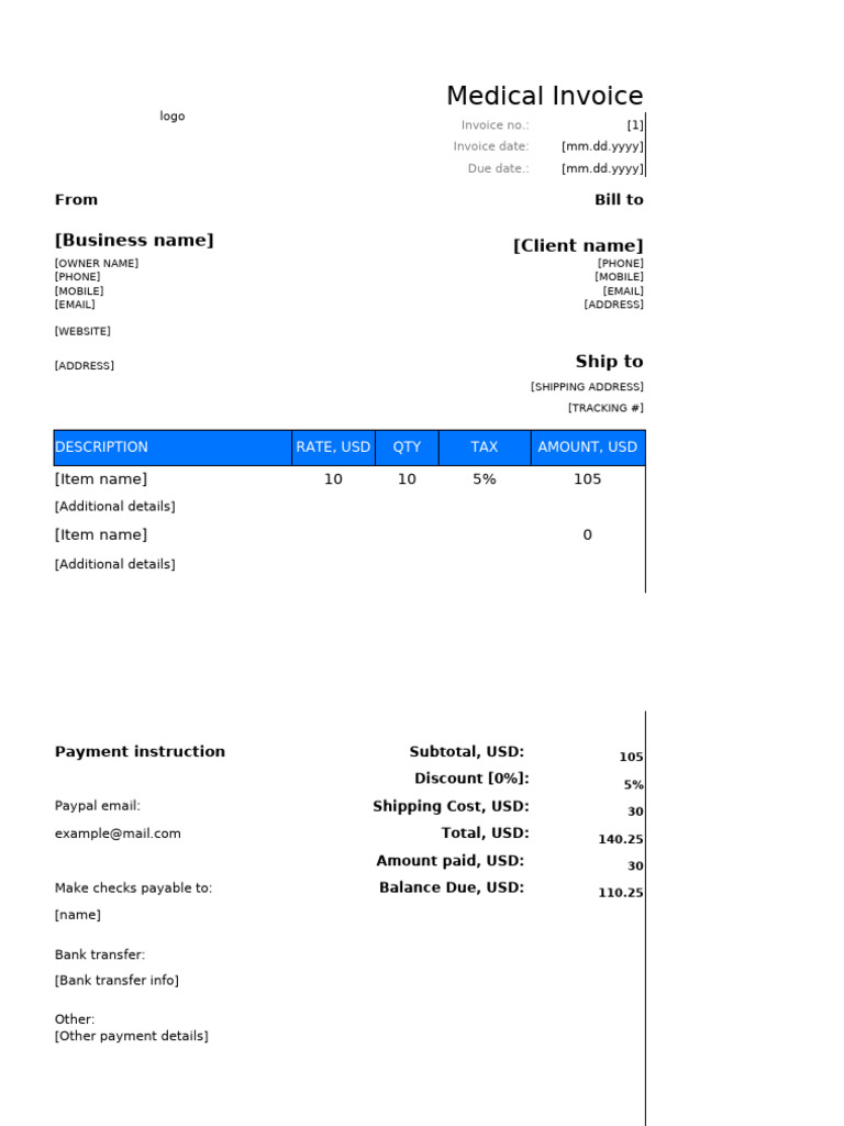 Medical Invoice Generator Excel | PDF