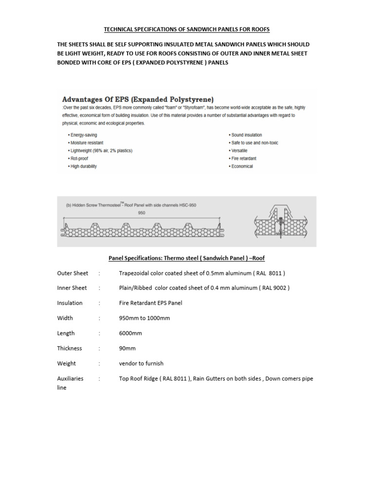 Technical Specifications of Sandwich Panels For Roofs | PDF