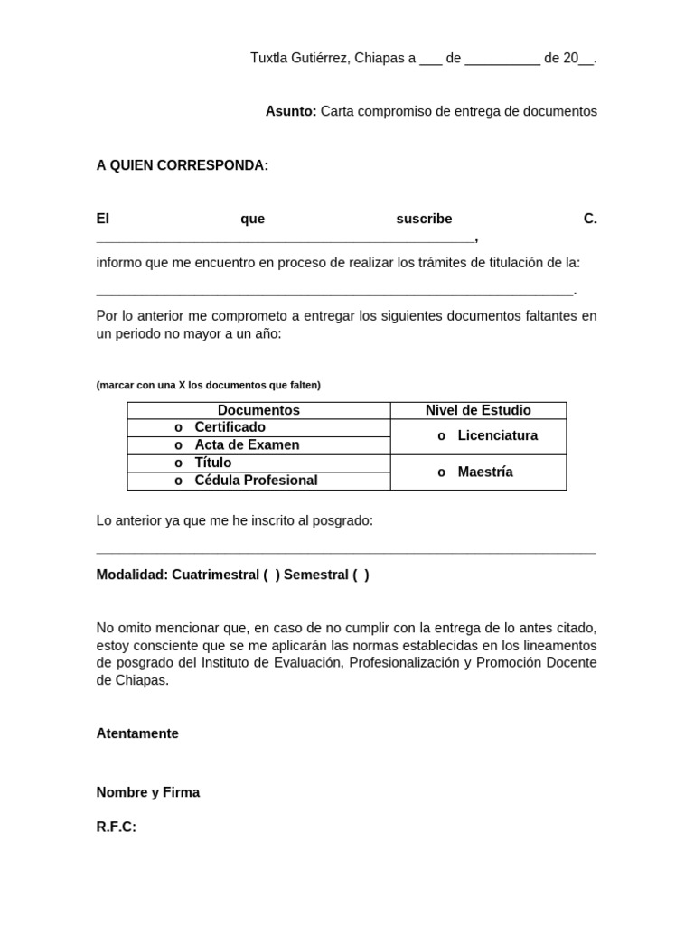 Carta Compromiso de Entrega de Documentos | PDF