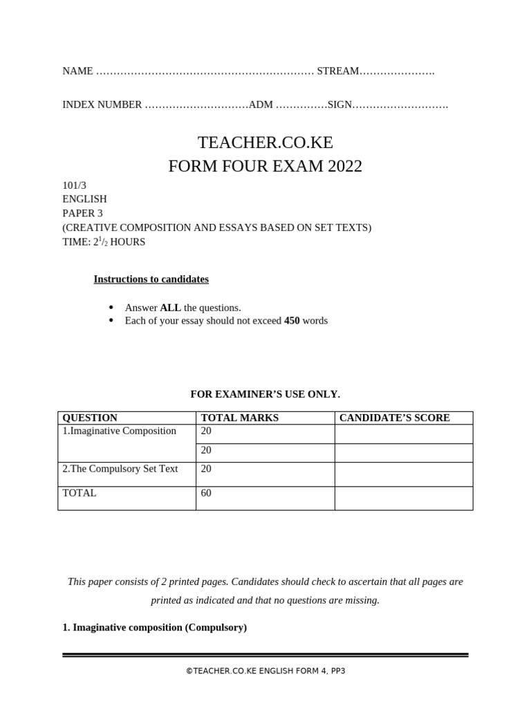 English Pp3 Form 4 Term 1 Opener 2022 Qn | PDF