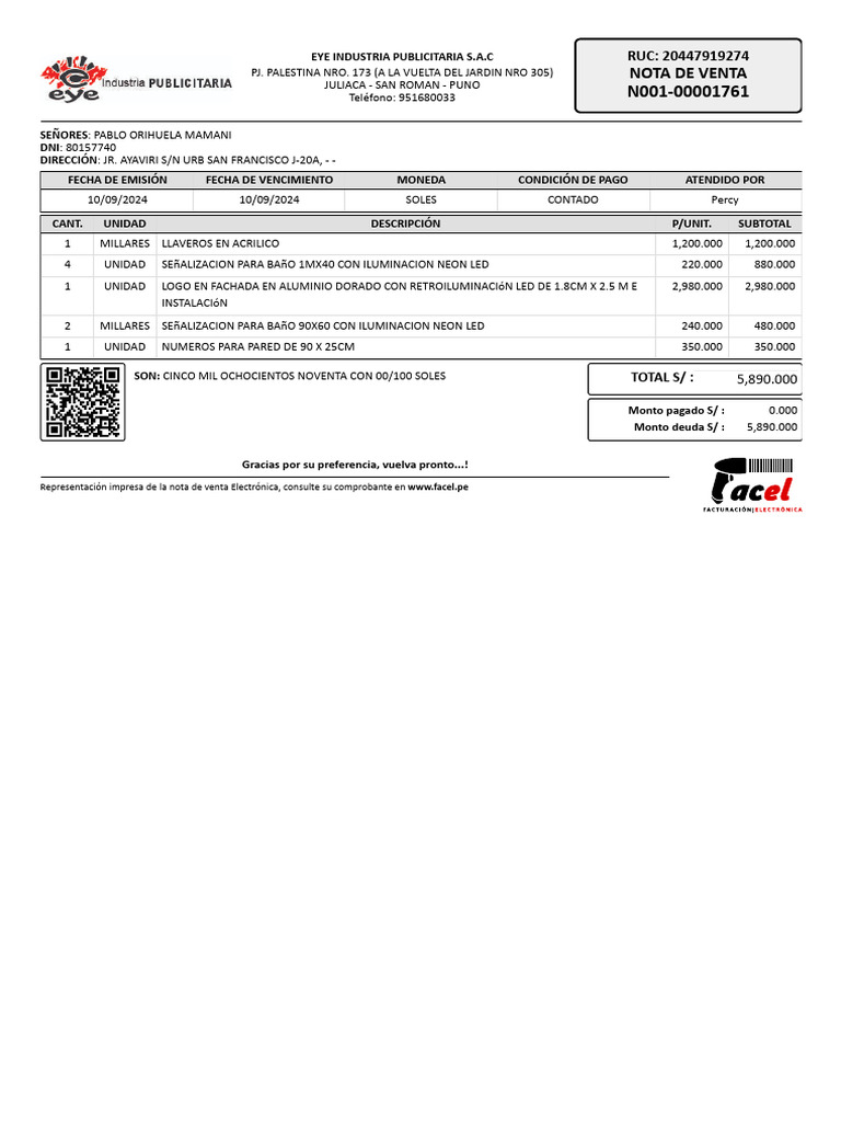 Nota de Venta N001-00001761 | PDF