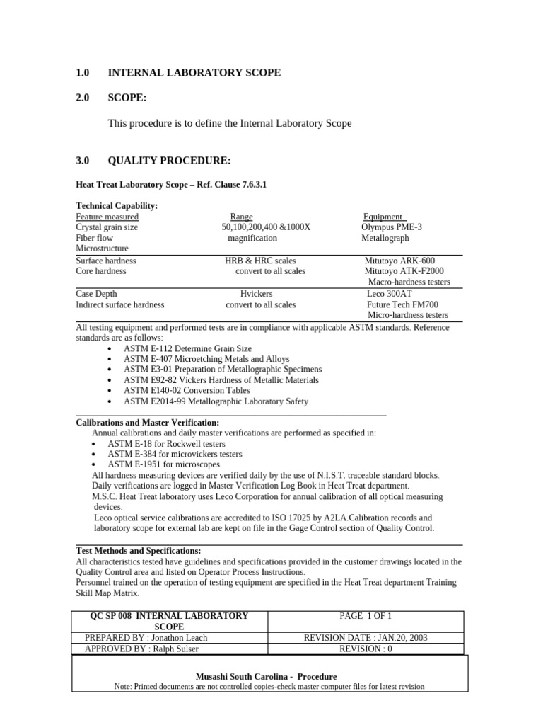 Internal Laboratory Scope Overview | PDF | Heat Treating | Calibration