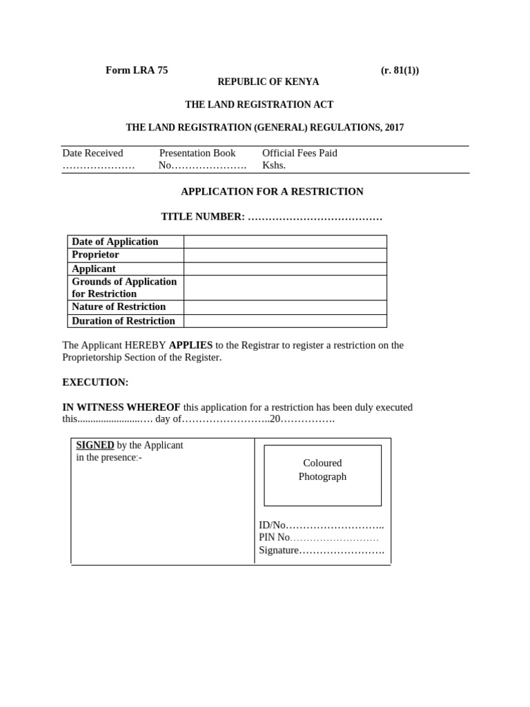 Application for Land Restriction Form LRA 75 | PDF