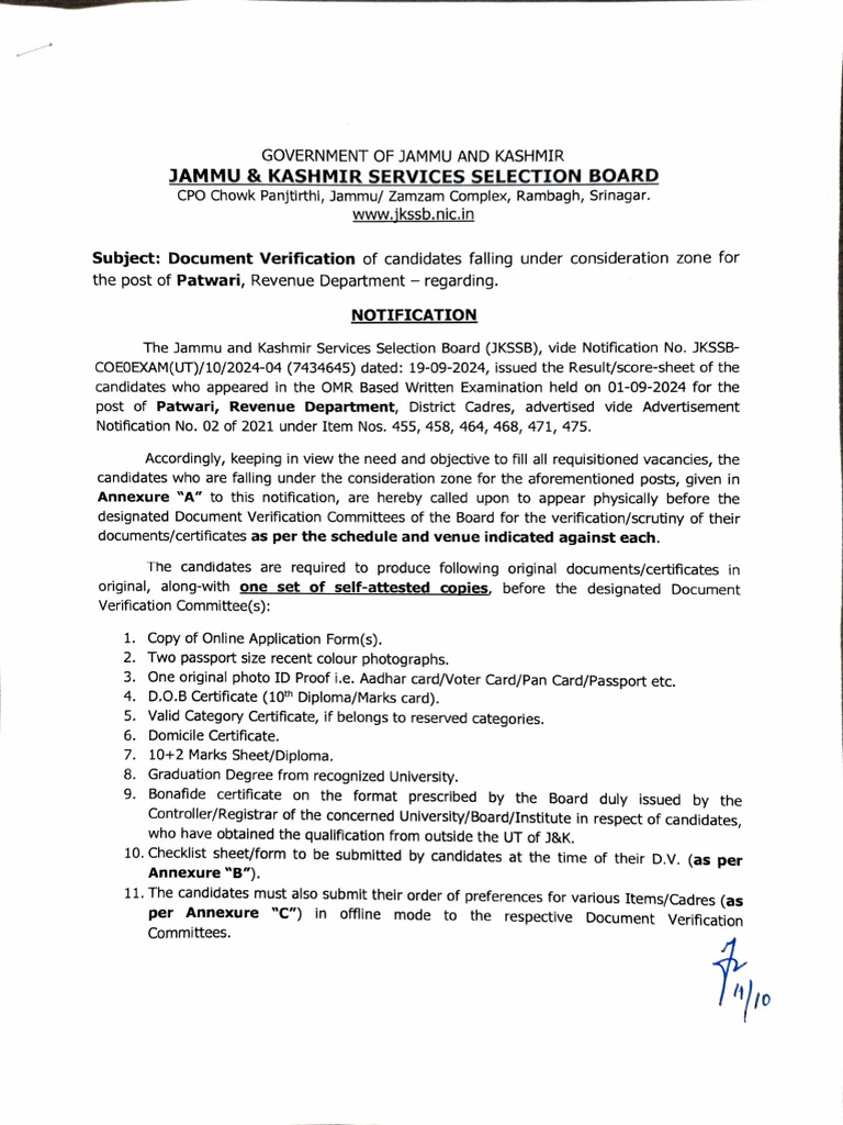 Document Verification for Patwari Candidates | PDF