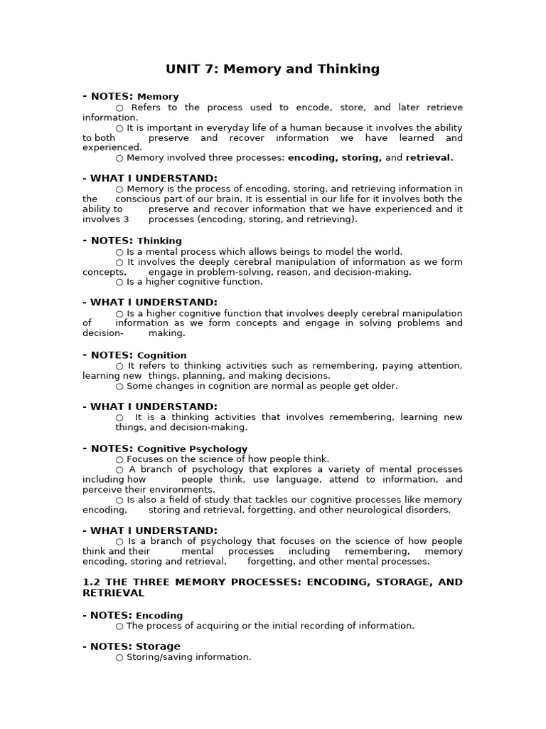 Unit 7 Memory and Thinking Reviewer | PDF | Memory | Recall (Memory)