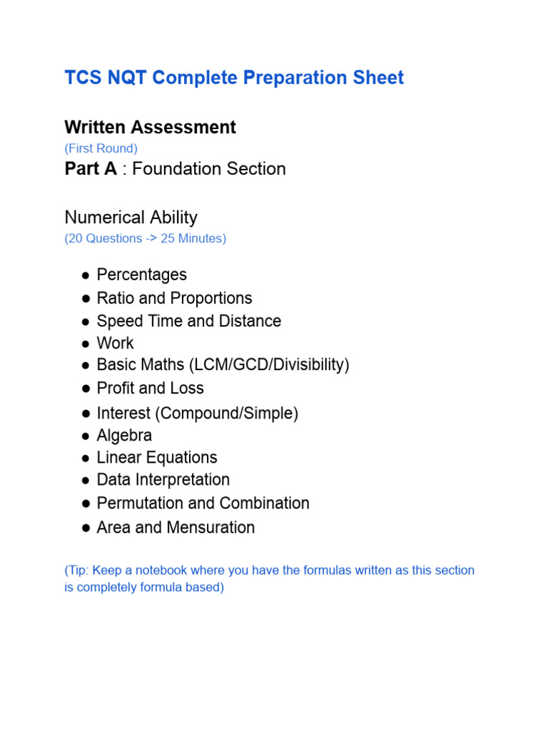 TCS NQT Complete Preparation Sheet | PDF | Logic | Mathematics TCS NQT Complete Preparation Sheet | PDF | Logic | Mathematics