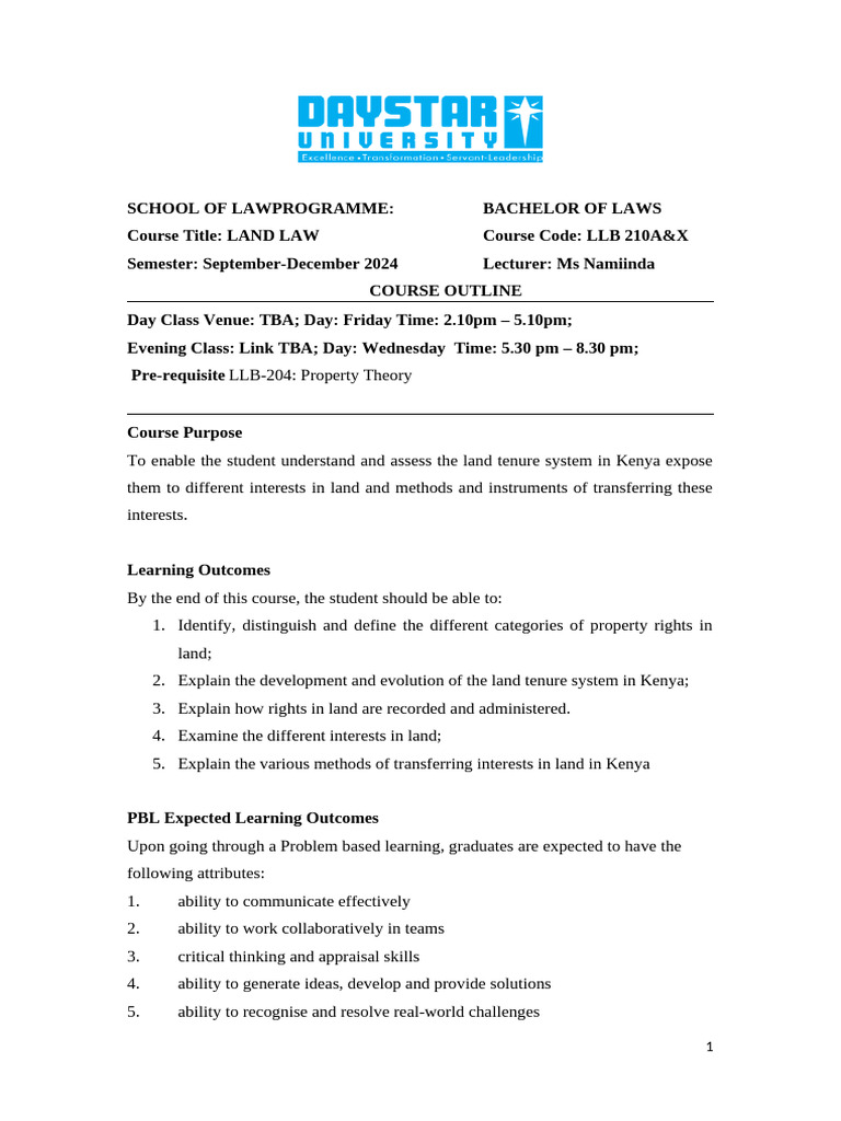 Course Outline LLB 210 JAN - APRIL , 2025 | PDF | Property Law