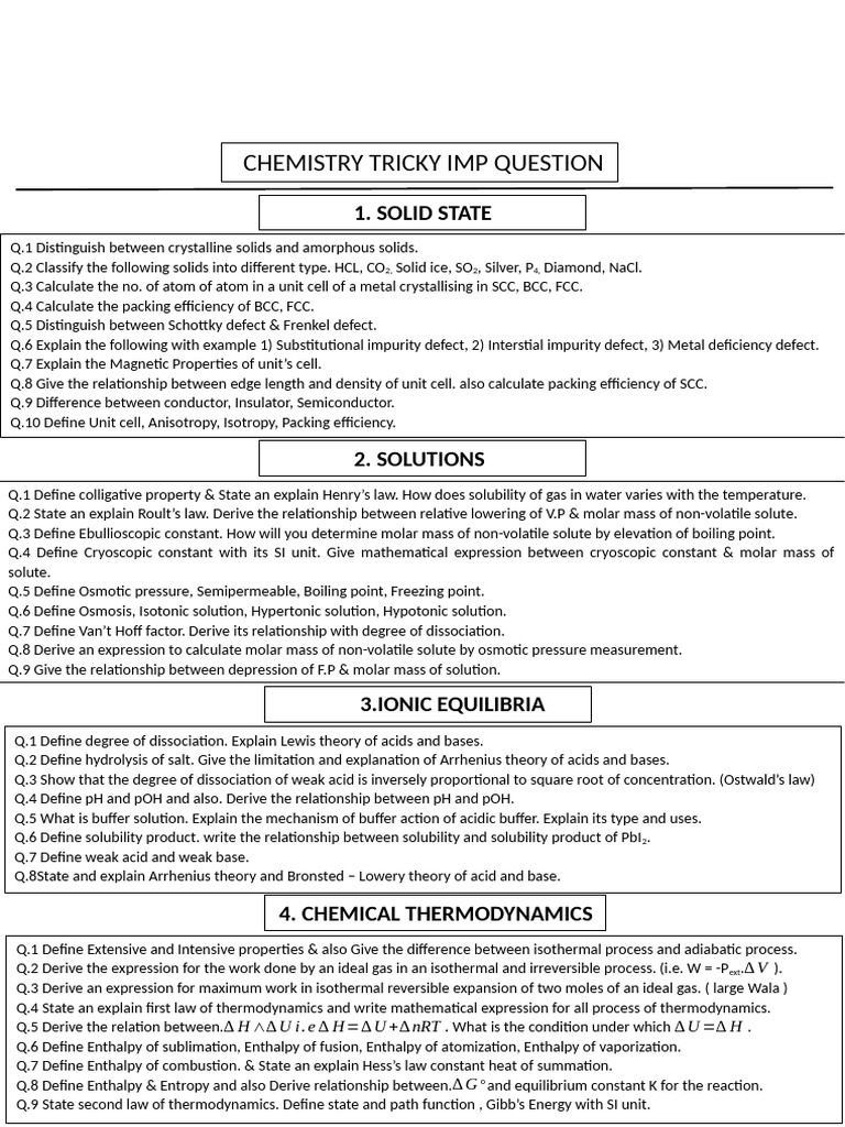 Chemistry Part 1 IMP Sheet | PDF | Electrochemistry | Chemical Equilibrium