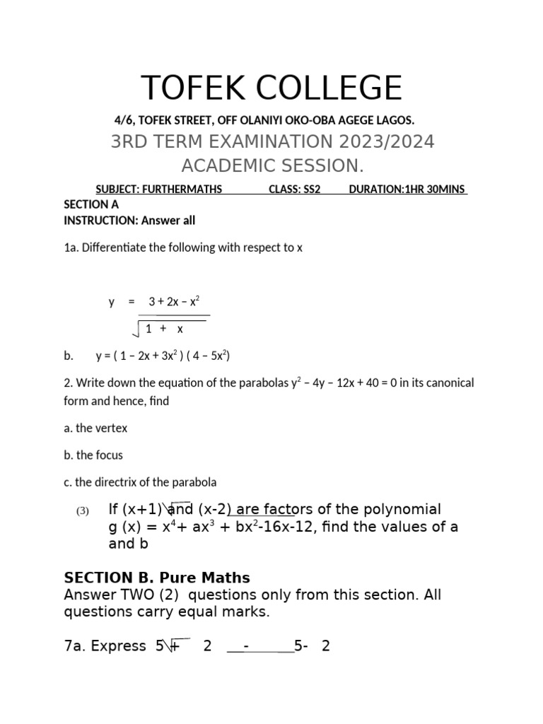 Further Maths SS2 3RD Term | PDF | Mean | Algebra