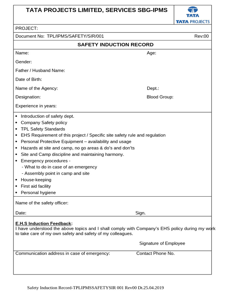 Safety Induction Record-TPLIPMSSAFETYSIR 001 Rev00 Dt.25.04.2019 | PDF