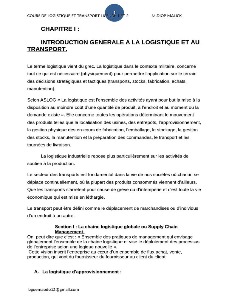 CHAPITRE 1 INTRODUCTION GENERALE A LA LOGISTIQUE | PDF | Logistique | Transport