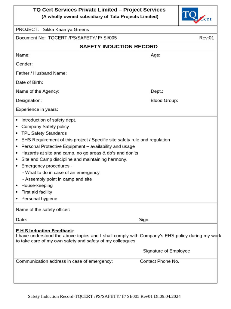 Safety Induction Record for Sikka Kaamya Greens | PDF