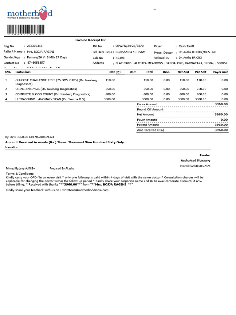 Motherhood Hospital Bill Summary | PDF | Health Care | Medicine