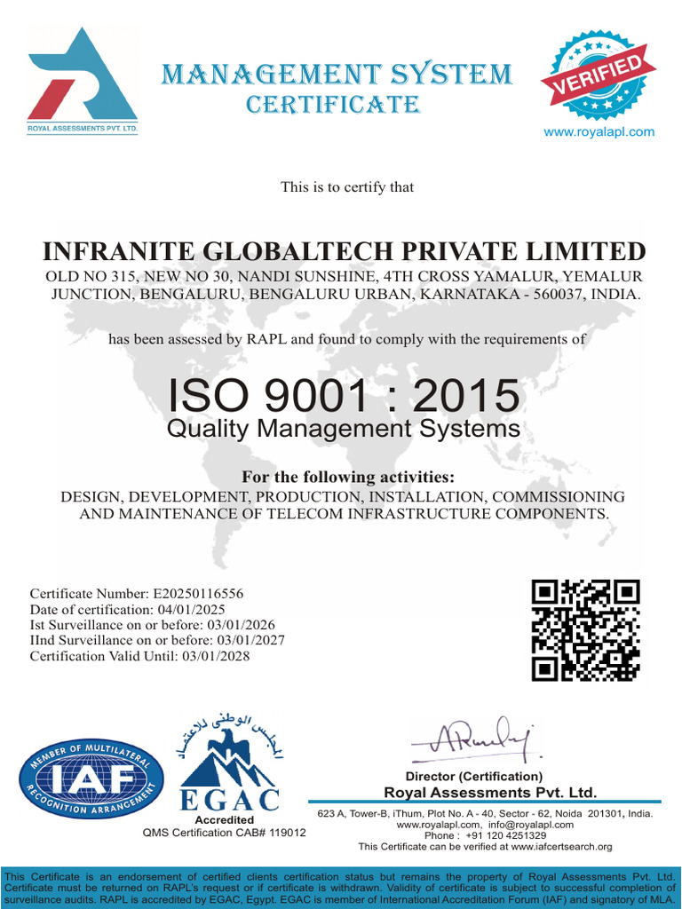 QMS Certification for Infranite Globaltech | PDF | Quality Management