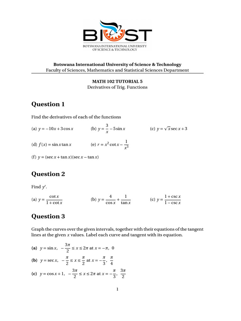 MATH 102 Tutorial 5 - Derivatives | PDF | Trigonometric Functions ...