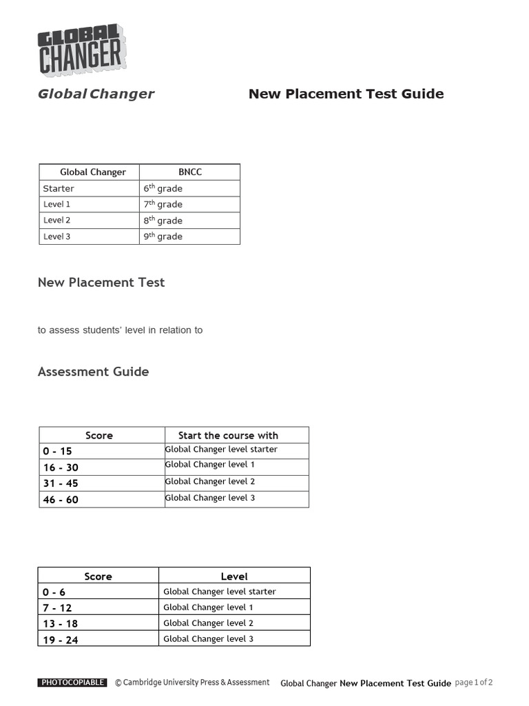 Global Changer New Placement Test Guide | PDF | Grammar | Vocabulary