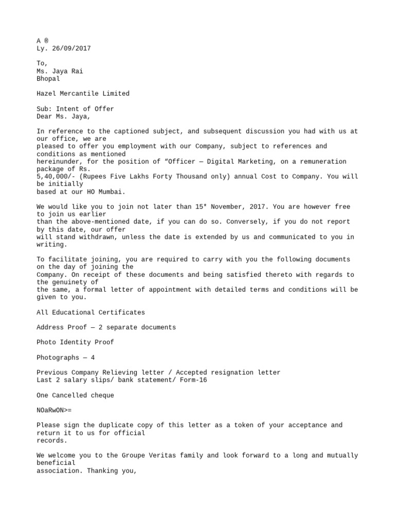 Jaya Rai- Offer Letter | PDF