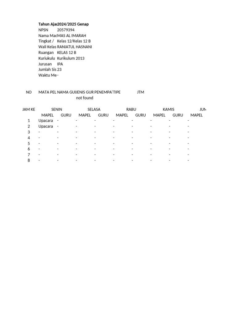 Jadwal Mengajar Kelas 12 Kelas 12 B | PDF