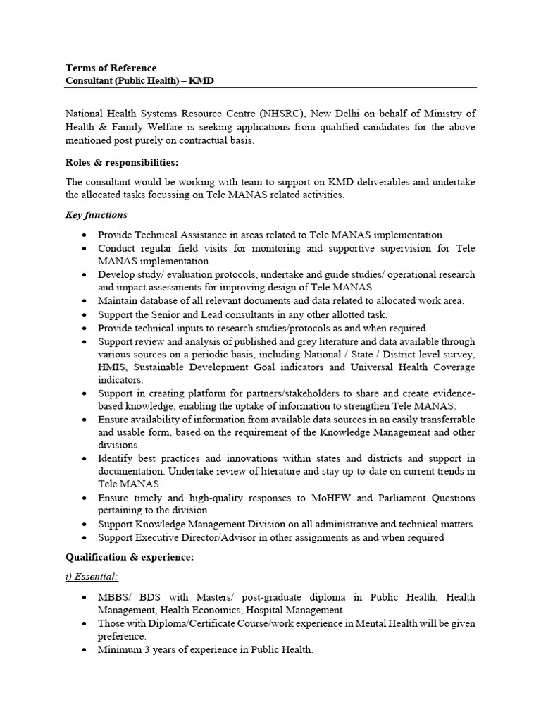 Consultant - Public Health KMD ToR | PDF