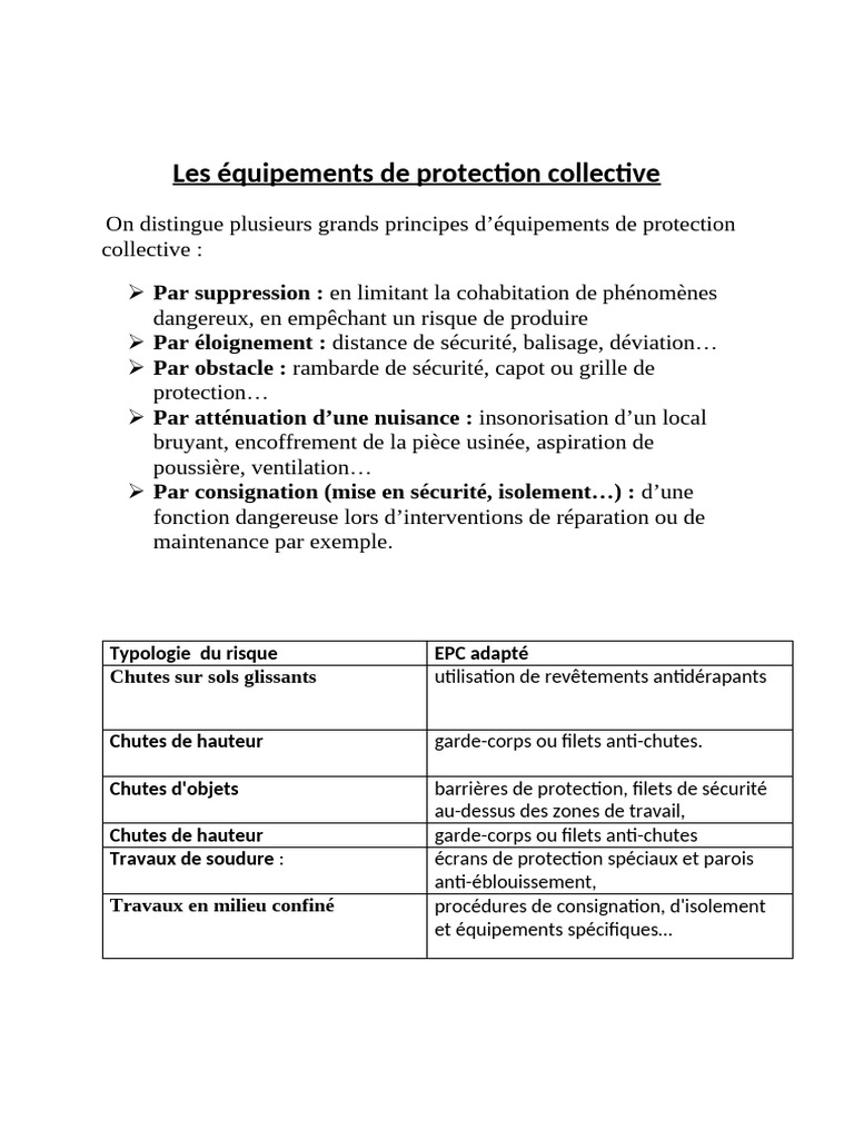 Équipements de Protection Collective : Exemples | PDF