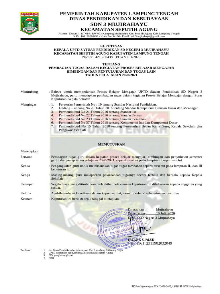 SK Pembagian Tugas 2020-2021 | PDF