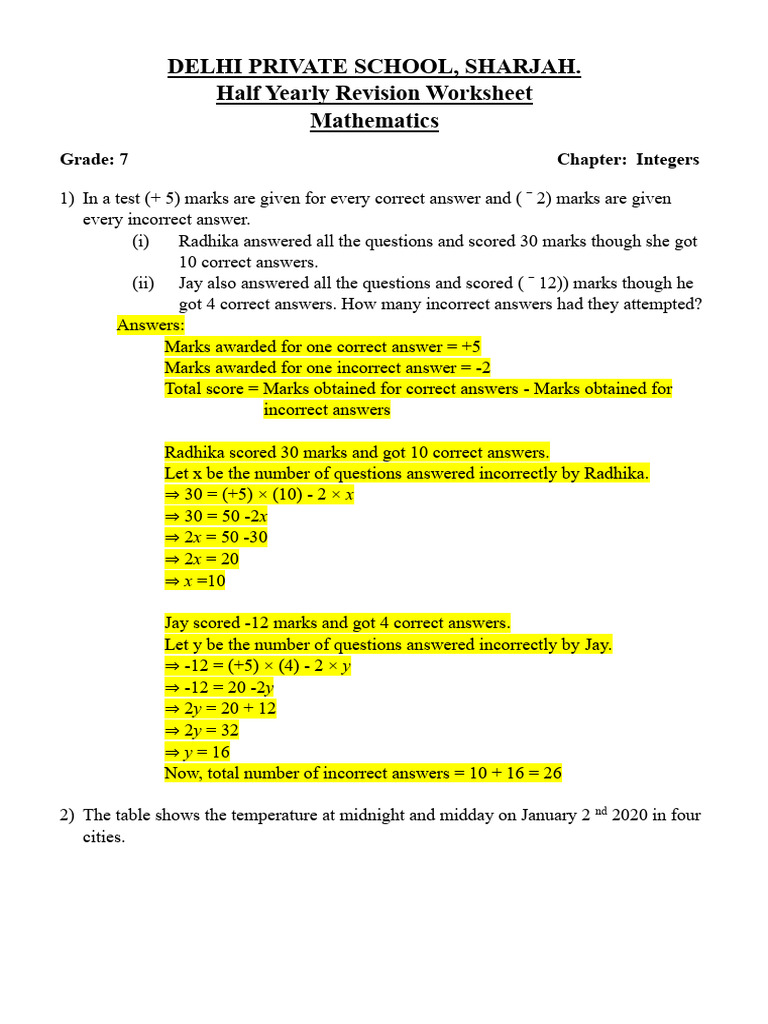 Grade 7 Math Revision: Integers | PDF | Mathematics