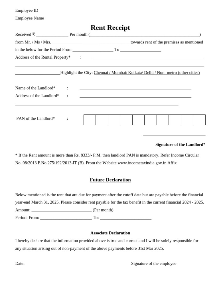 HRA Rent Receipt Format With Future Declaration | PDF