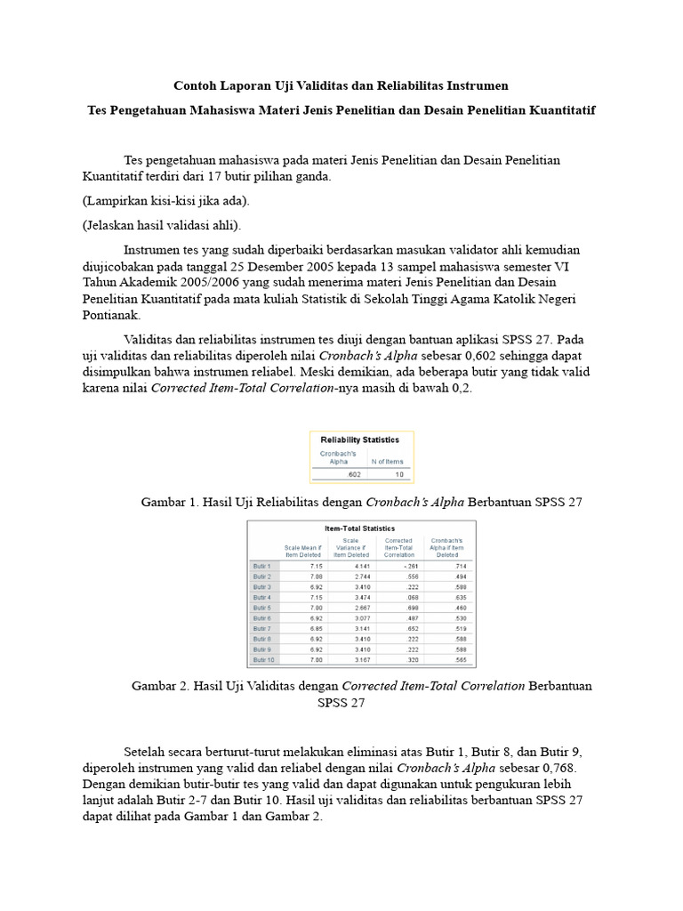 Contoh Laporan Uji Validitas Dan Reliabilitas Instrumen | PDF