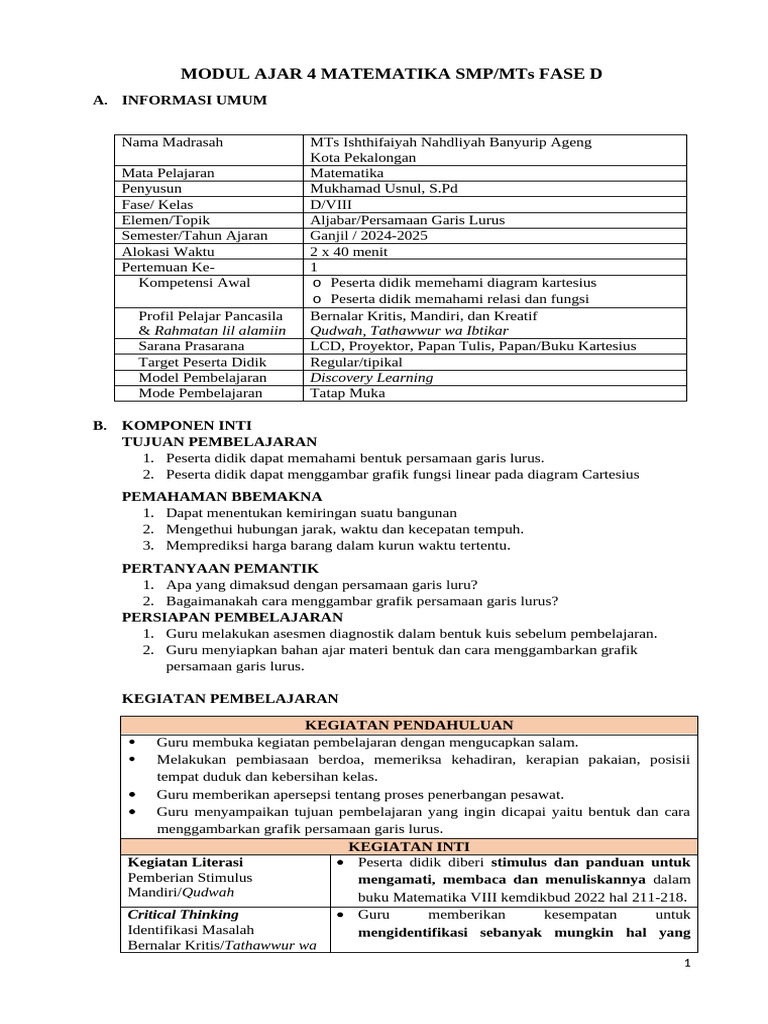 MODUL AJAR Bab 4 Persamaan Garis Lurus | PDF