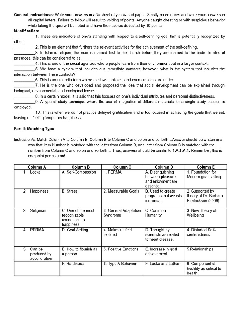 First Quiz | PDF | Happiness | Goal Setting