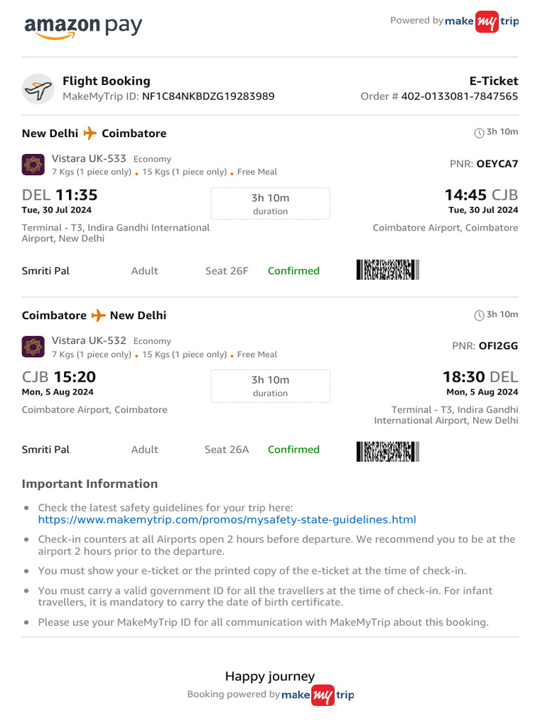 Vistara Flight Booking Confirmation Details | PDF | Aviation | Transport