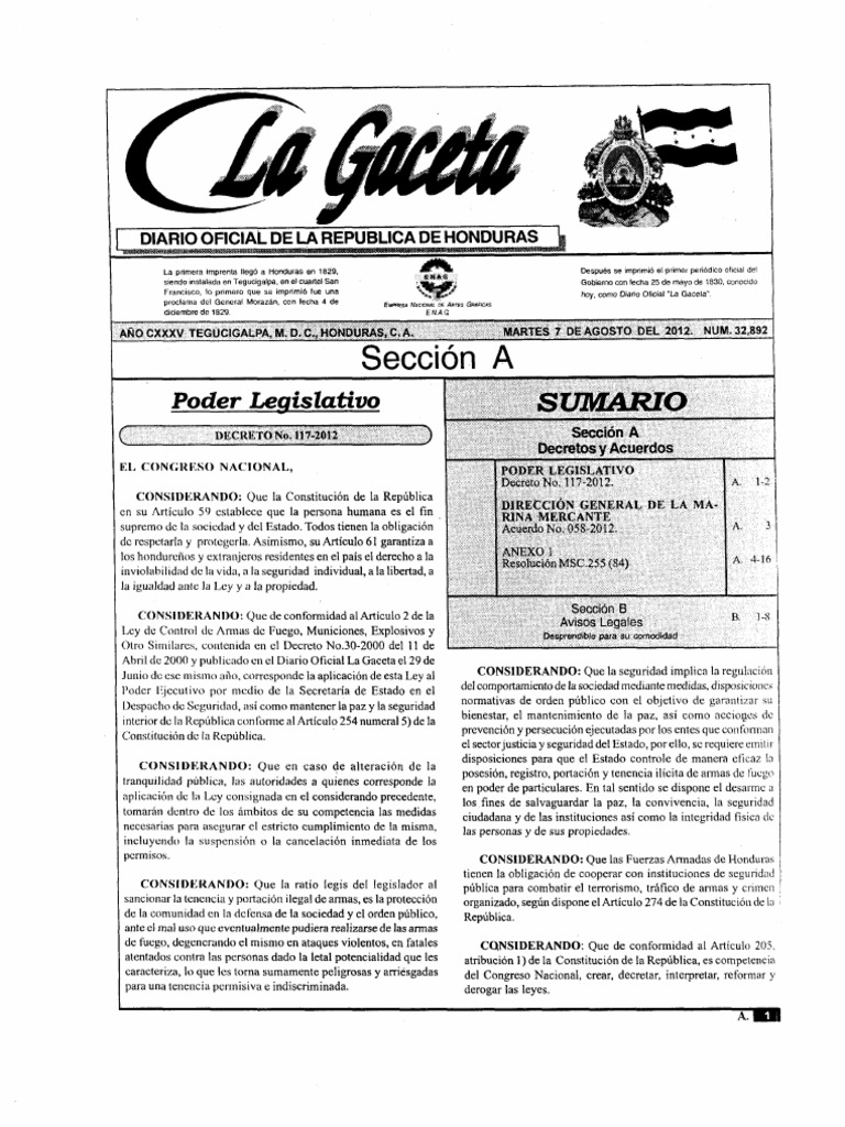 DECRETO No. 117 2012 Reformar Por Adicion El Articulo 37 Del Decreto No 30 200 Ley de Control de ...