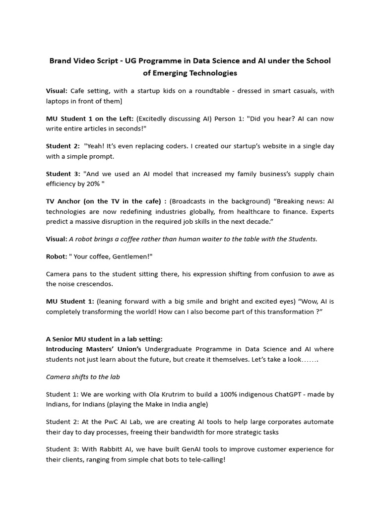 Brand Video Script - UG Programme in Data Science and AI | PDF ...