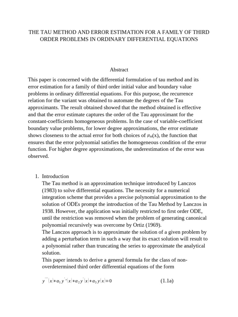 The Tau Method and Error Estimation For A Family of Third Order Problems in Ordinary ...
