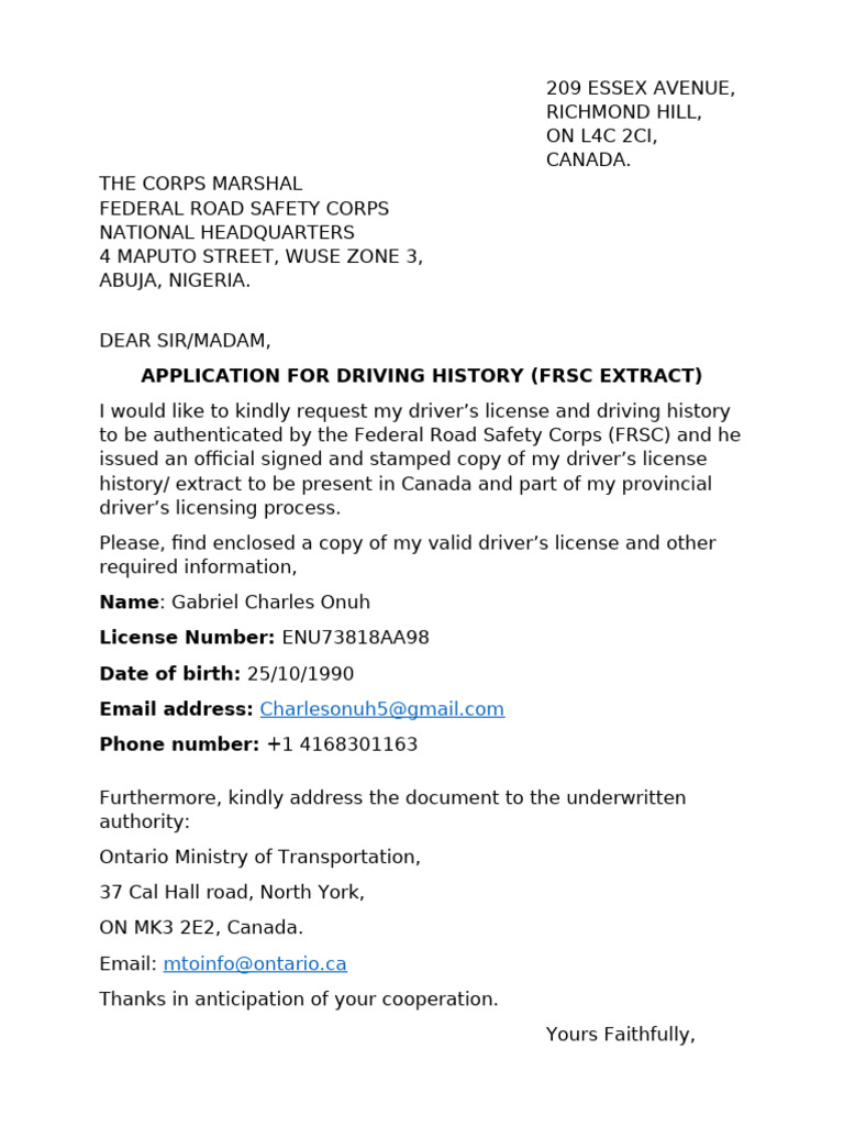 Application For Driving History (FRSC Extract) | PDF