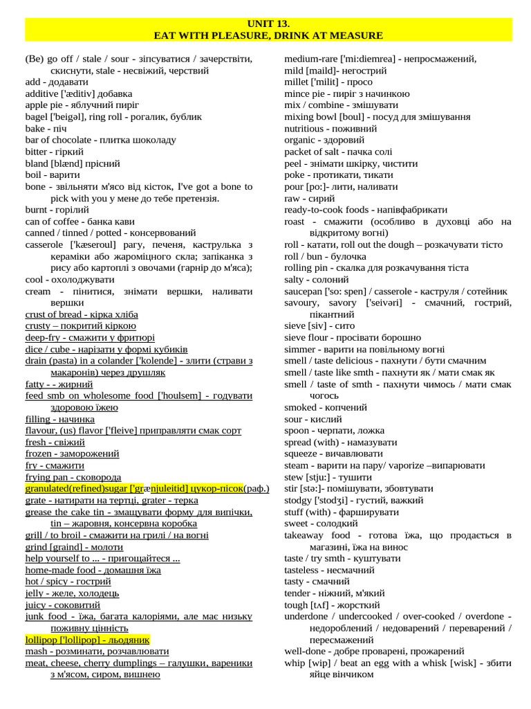Vocabulary - Books - Unit 13 - Food-Ukrainian - Students | PDF