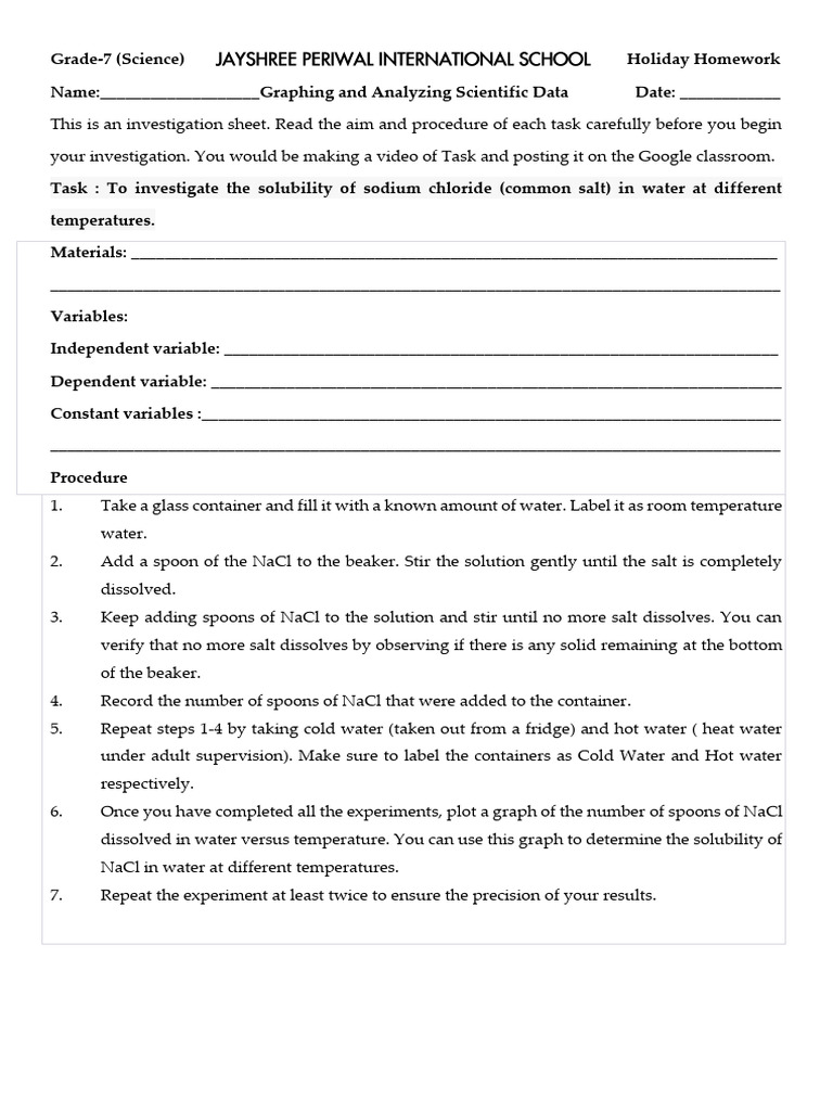 Holiday Homework - Grade 7 | PDF | Sodium Chloride | Solubility