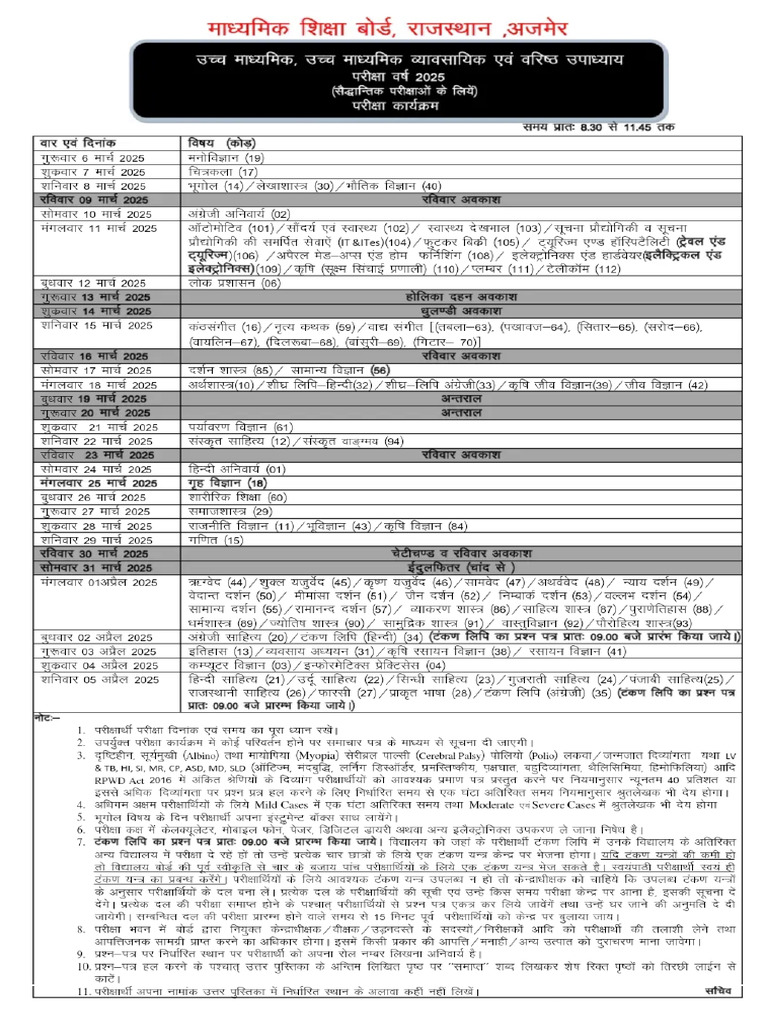 RBSE 12th Board Time Table 2025 | PDF
