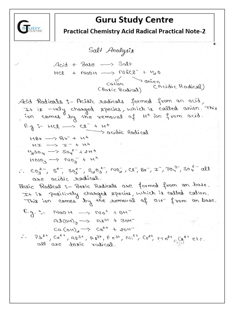 Practical Chemistry Acid Radical Practical Note-2 | PDF