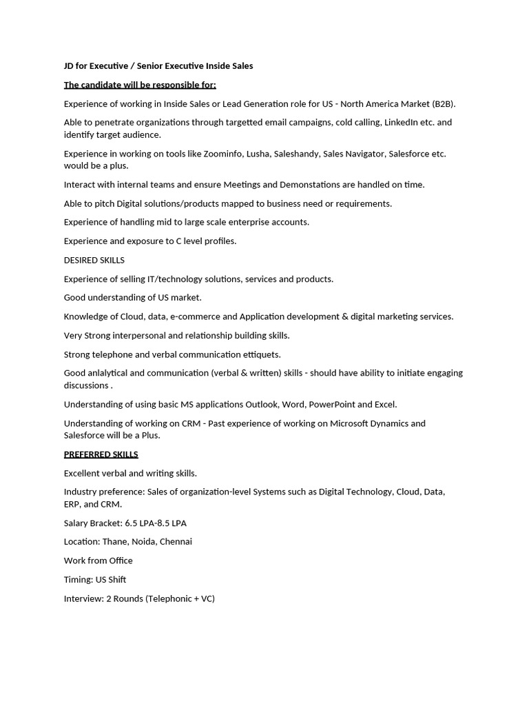 JD For Senior Executive Inside Sales | PDF