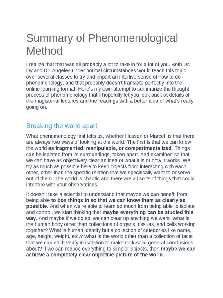 Summary of Phenomenological Method | PDF | Phenomenology (Philosophy ...
