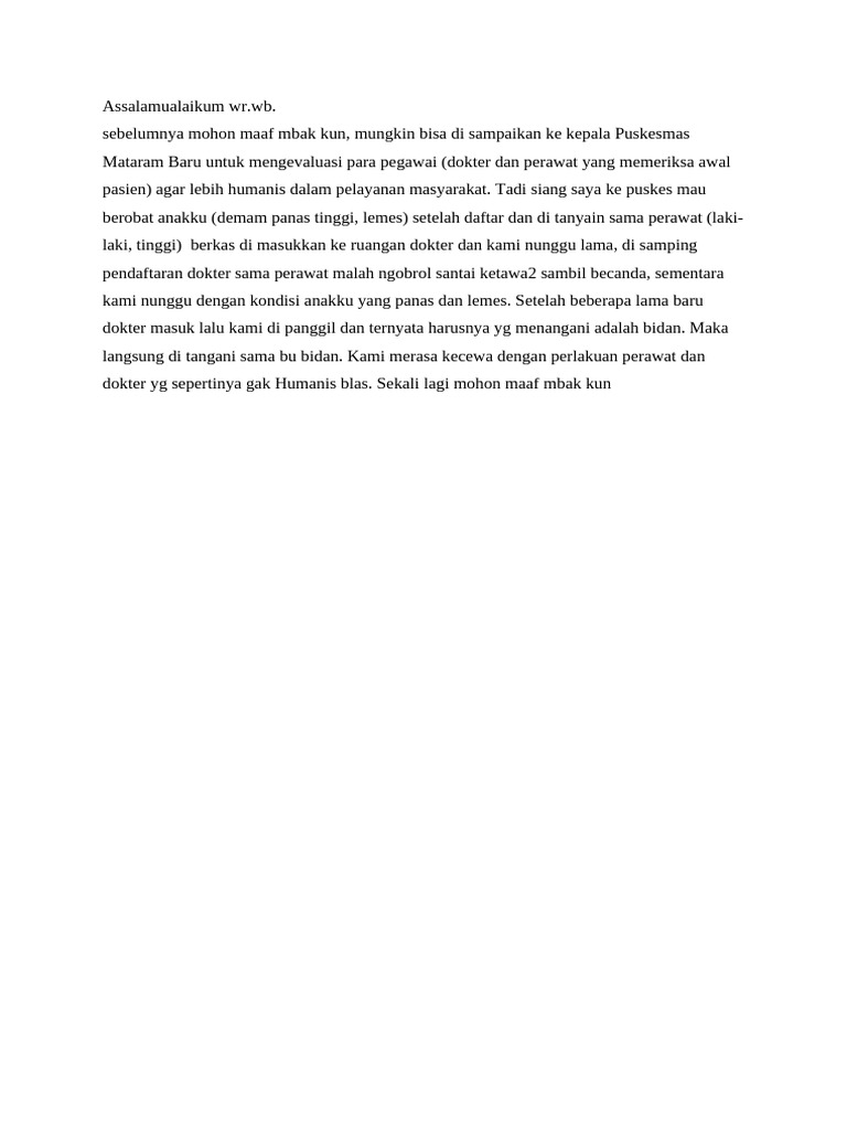 Pesan Untuk Puskesmas Mataram Baru | PDF