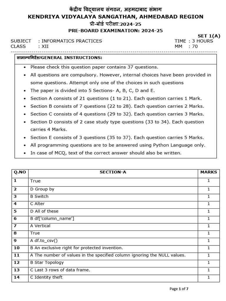 Informatics Practices Name Xii Ms PB 2024 25 Set 1 (A) | PDF | World ...