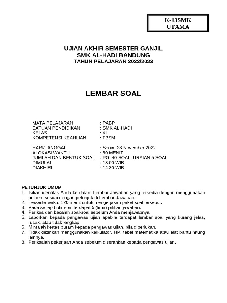 Format Naskah Soal Uas Kelas 11 - TBSM - 2022 - Asep RT | PDF