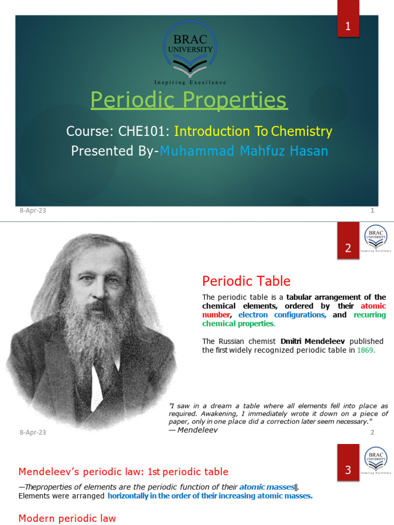 Lecture-09 Periodic Table | PDF | Periodic Table | Chemical Elements