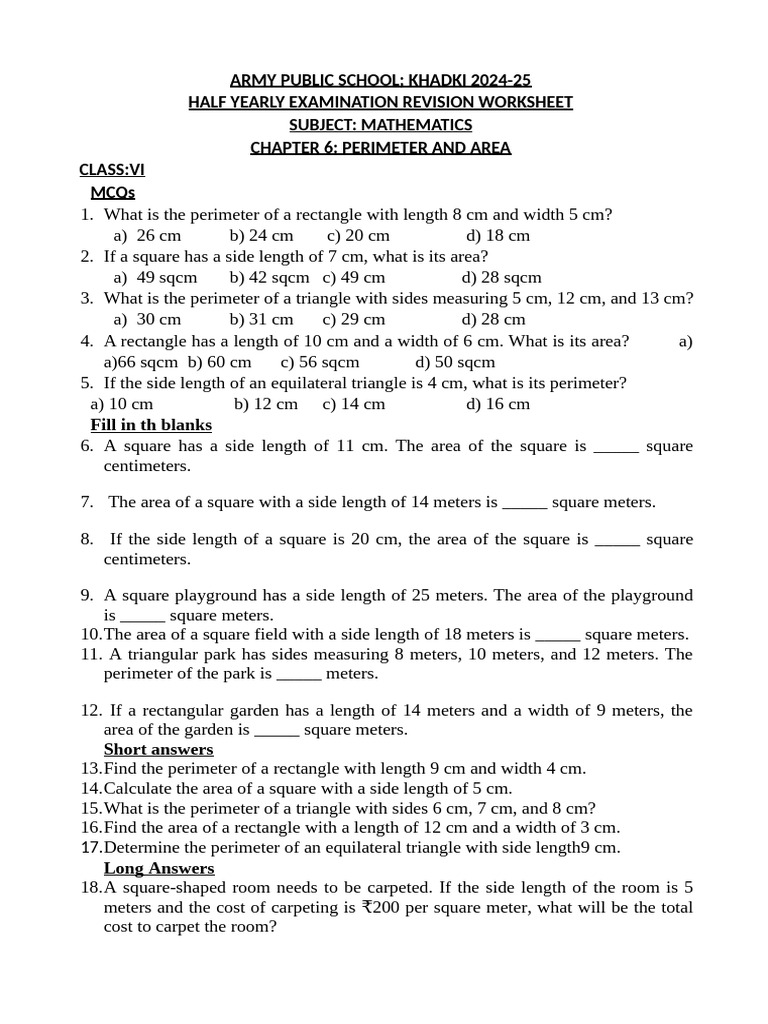 CH6 REV WKS 6TH CLASS | PDF | Area | Length